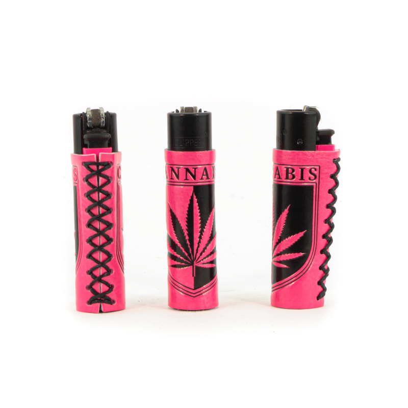 Clipper Lighters PU Leather Case x24pcs CC71 BLACK/PINK CANNABIS ...